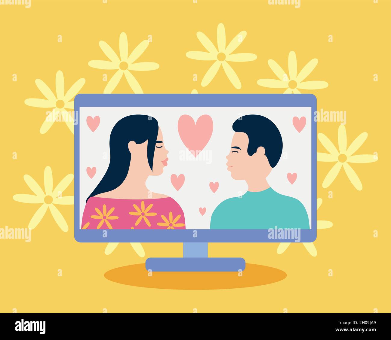 virtual relationship illustration with computer with couple on screen ...