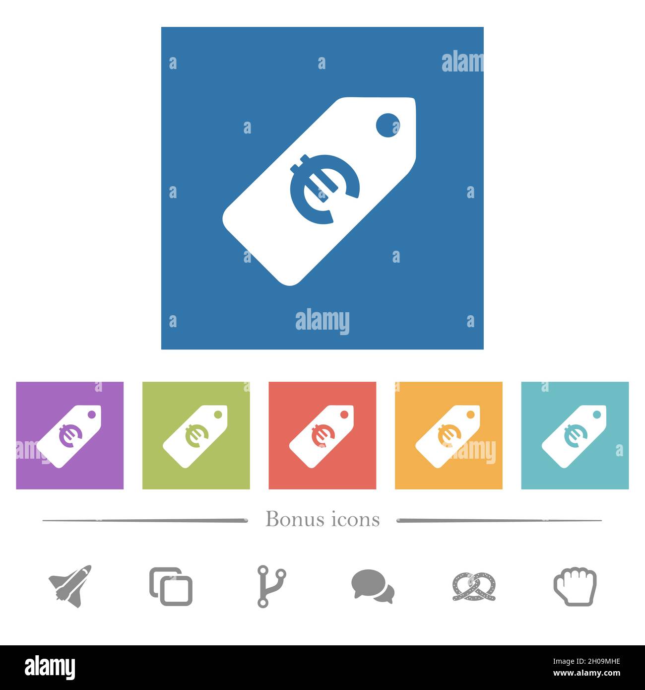 Euro price label flat white icons in square backgrounds. 6 bonus icons ...