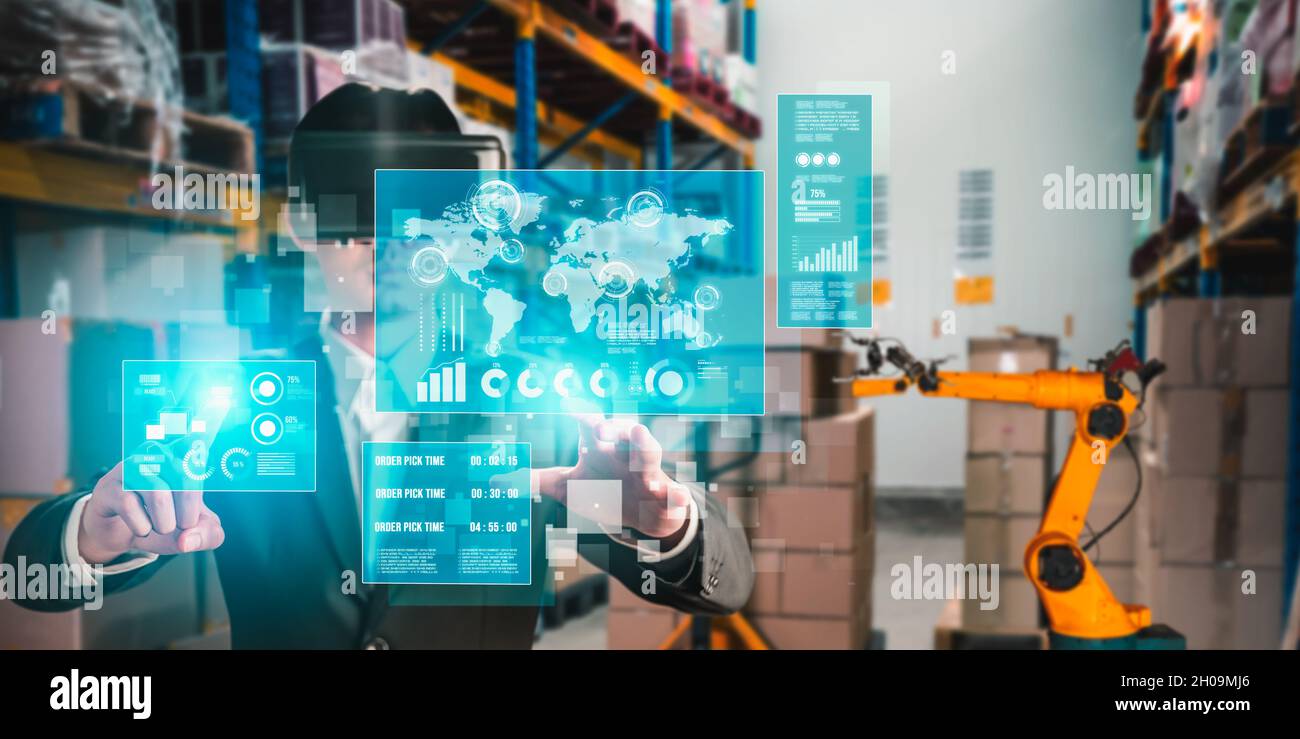 Future virtual reality technology for innovative VR warehouse management . Concept of smart ...