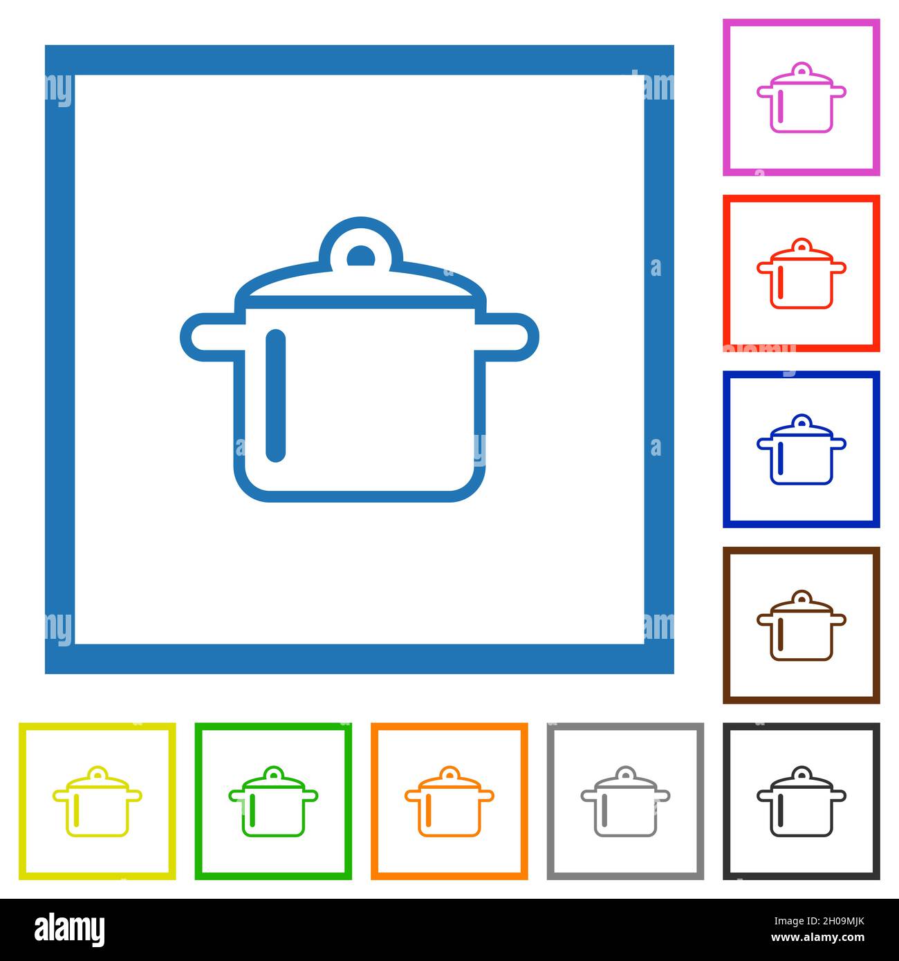 Cooking pot outline flat color icons in square frames on white ...