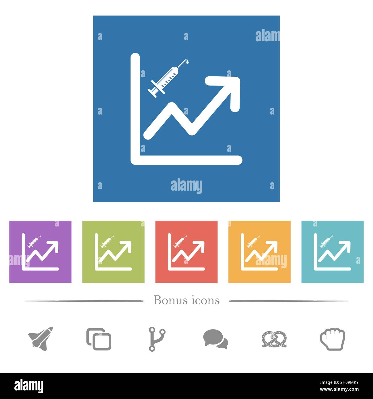 Rising vaccination graph flat white icons in square backgrounds. 6 ...