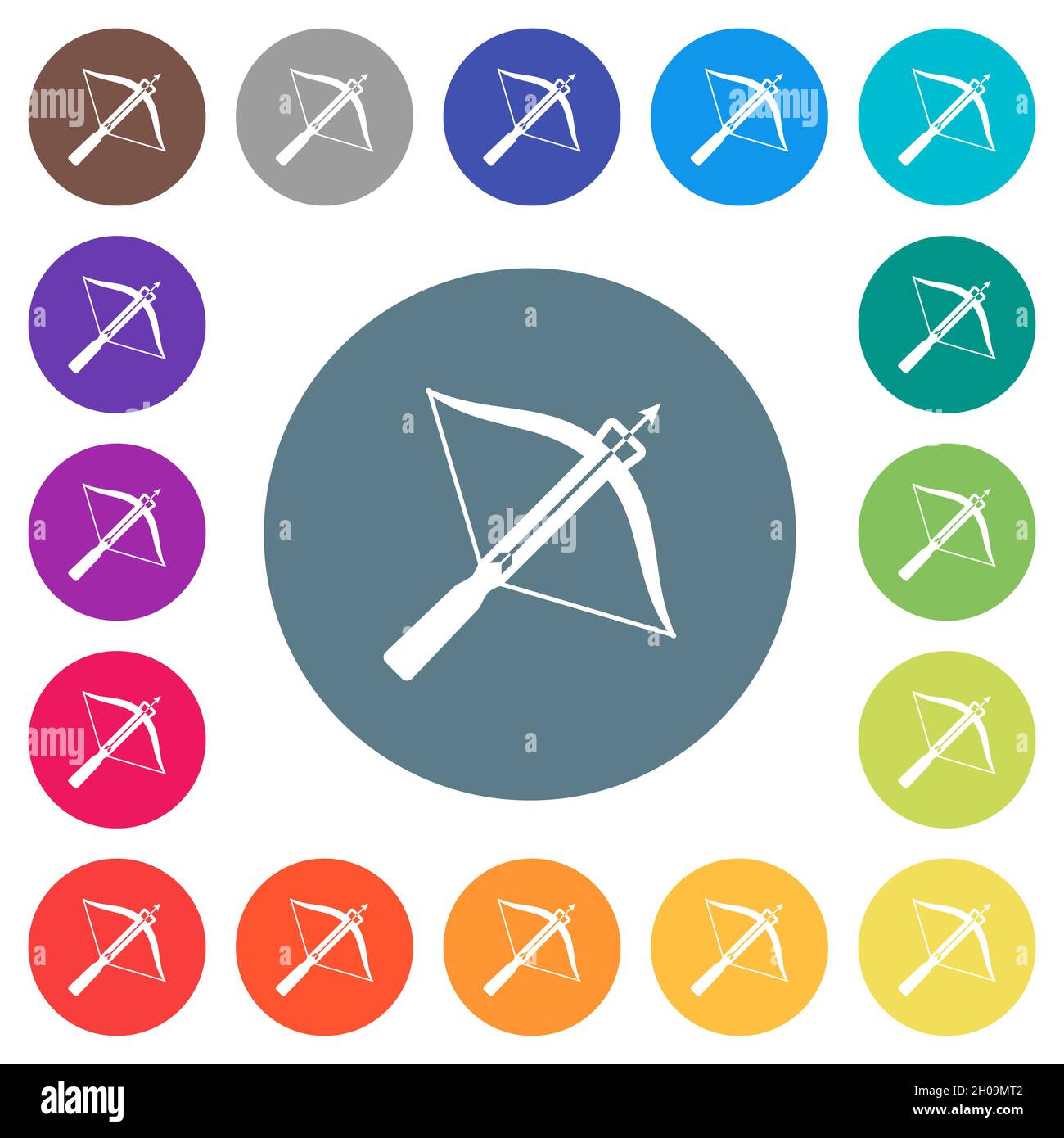 Crossbow with arrow flat white icons on round color backgrounds. 17 ...