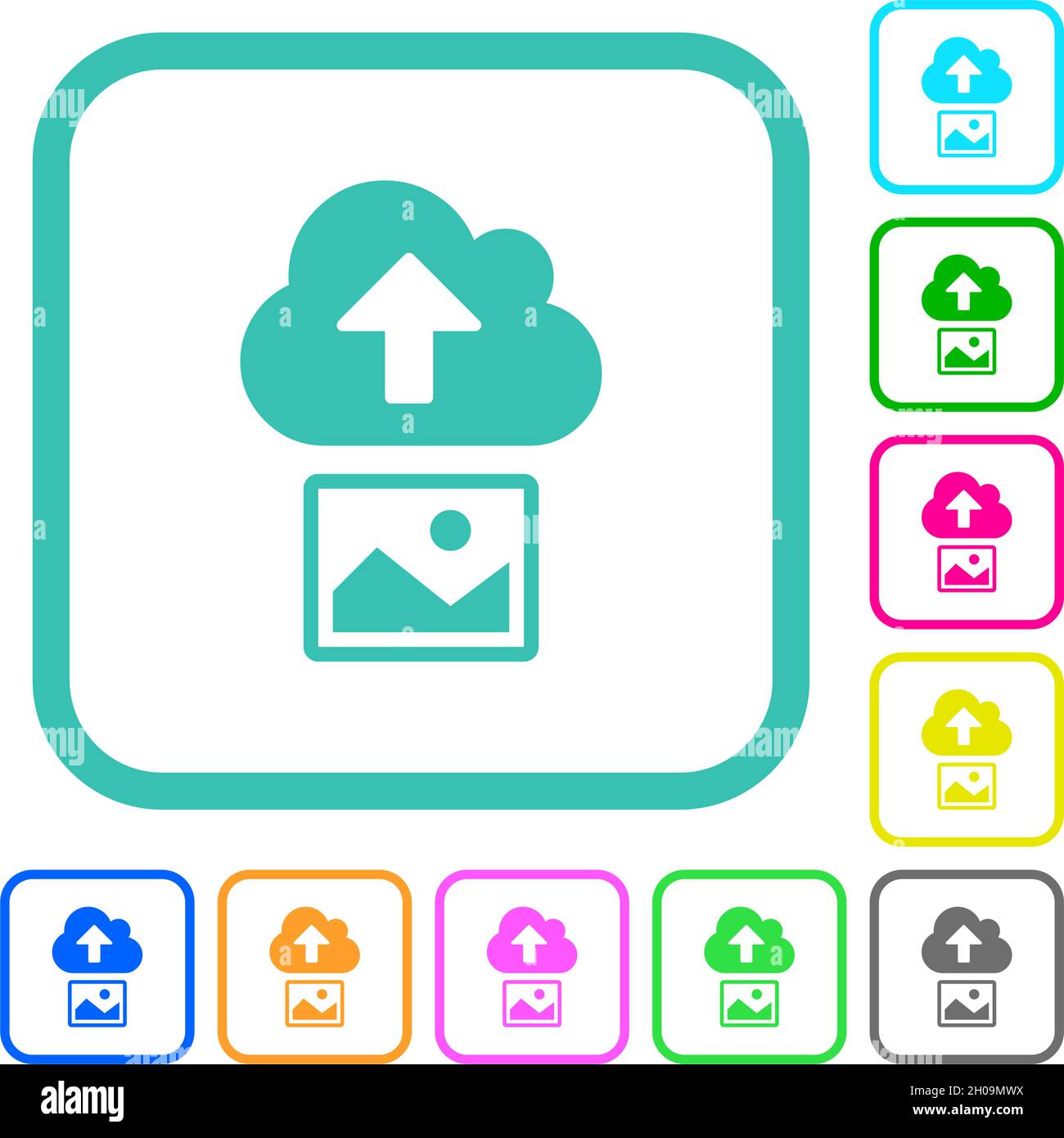 Upload image to cloud solid vivid colored flat icons in curved borders ...