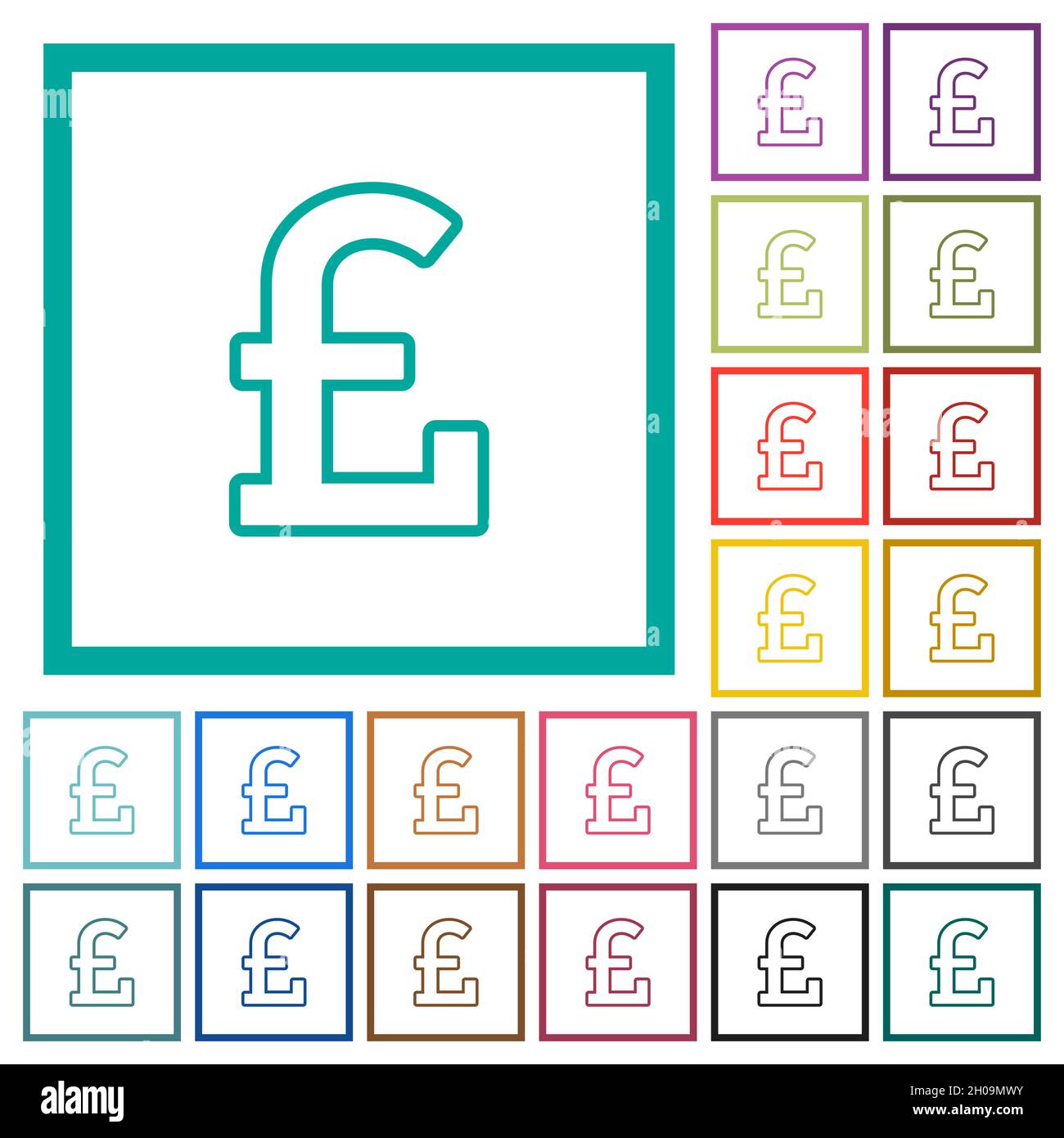 Pound sign outline flat color icons with quadrant frames on white ...
