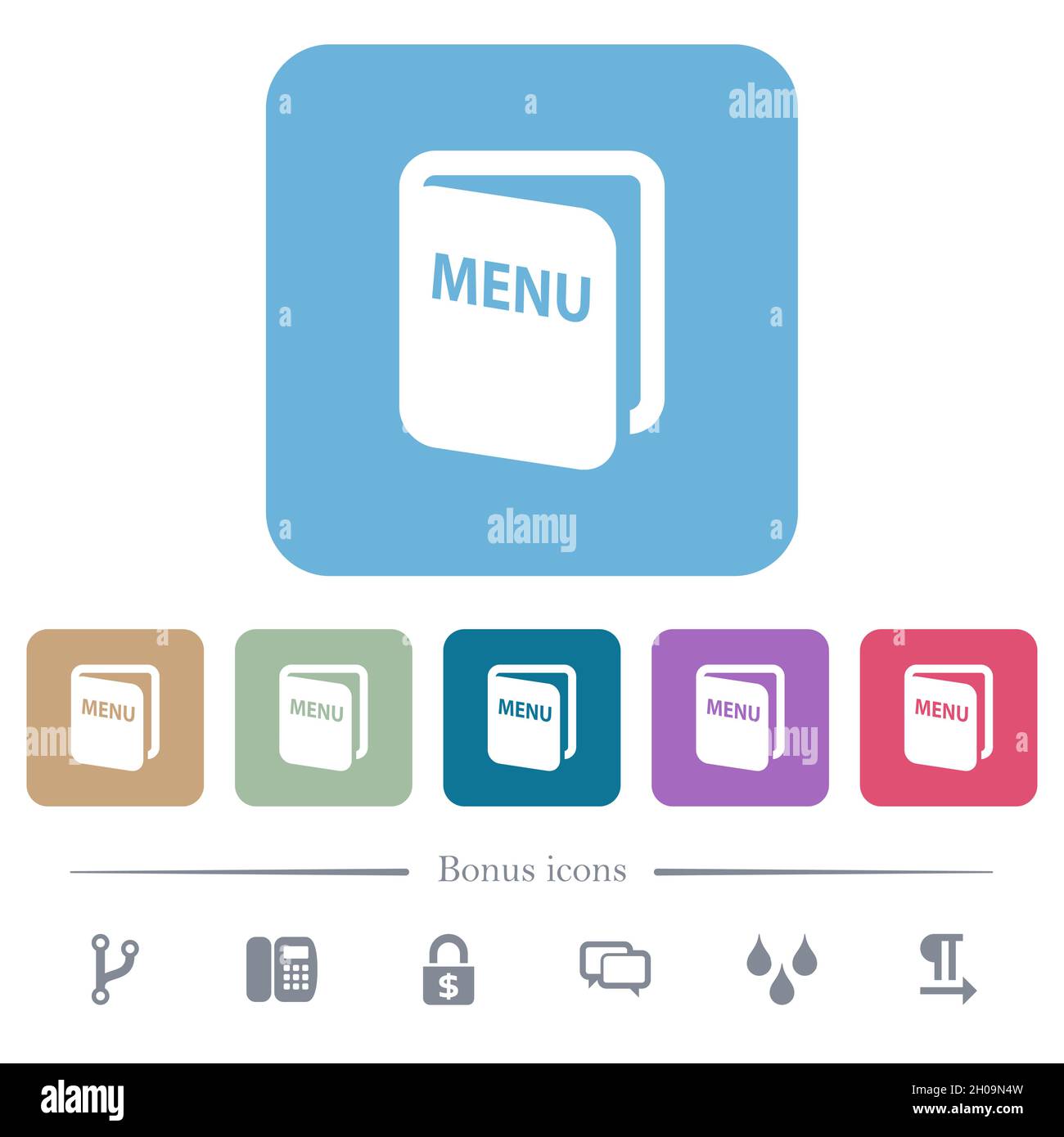 Menu white flat icons on color rounded square backgrounds. 6 bonus ...