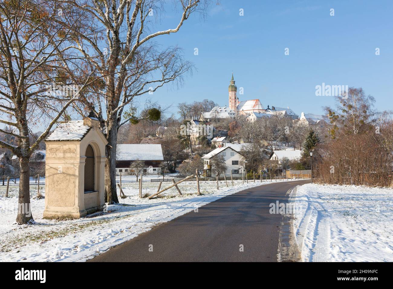 Andechs, Germany - Dec 3, 2020: View along a road towards Andechs Abbey ...
