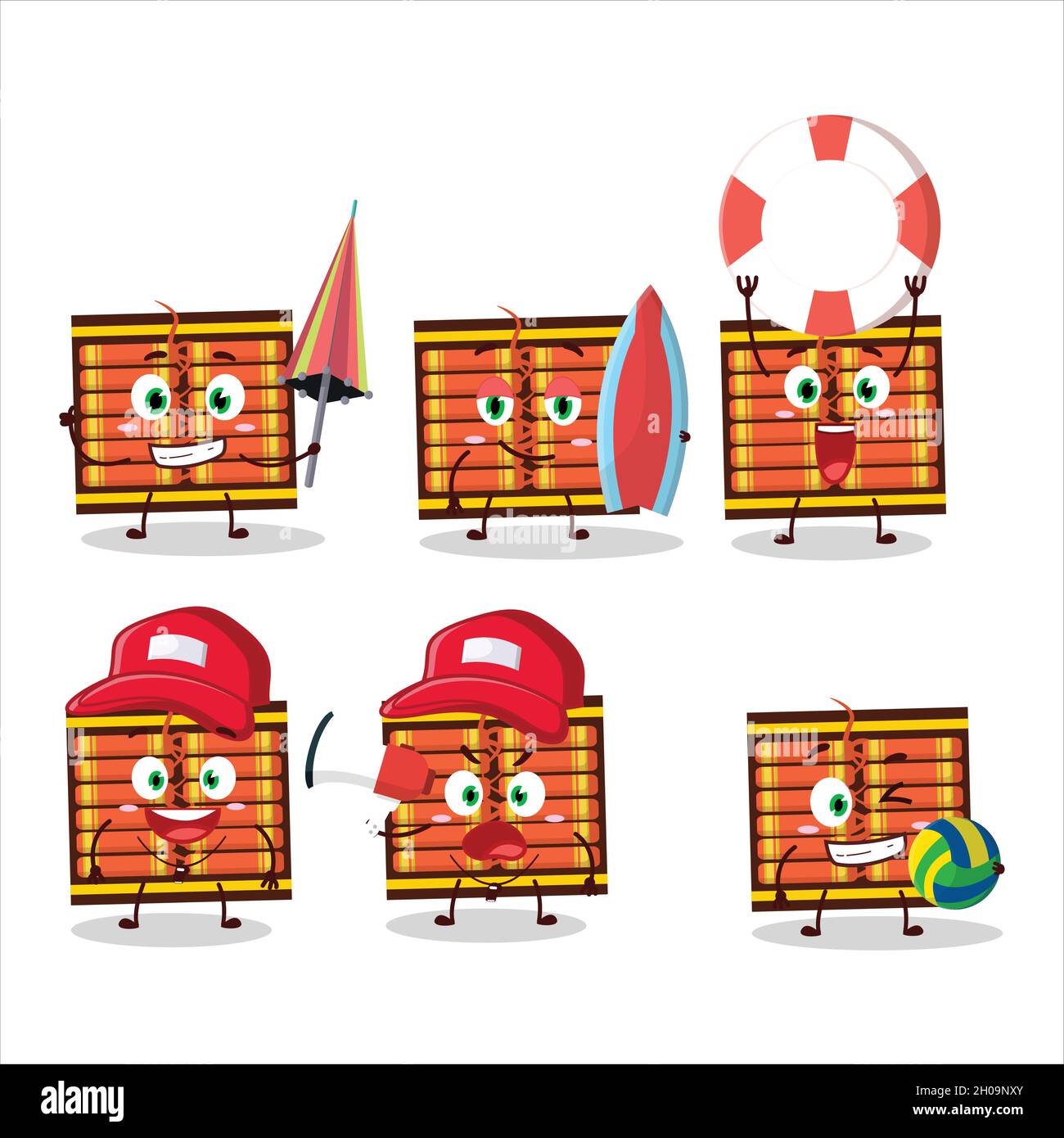 Happy Face red firecracker string cartoon character playing on a beach ...