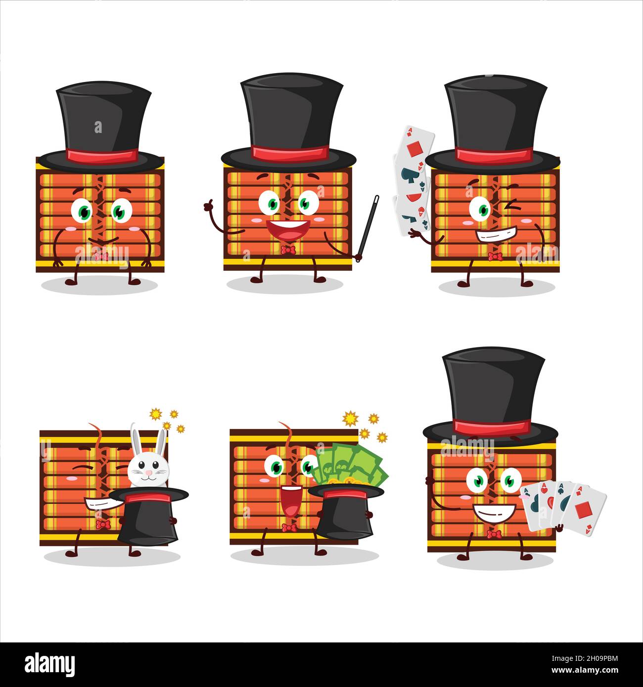 A red firecracker string Magician cartoon character perform on a stage ...