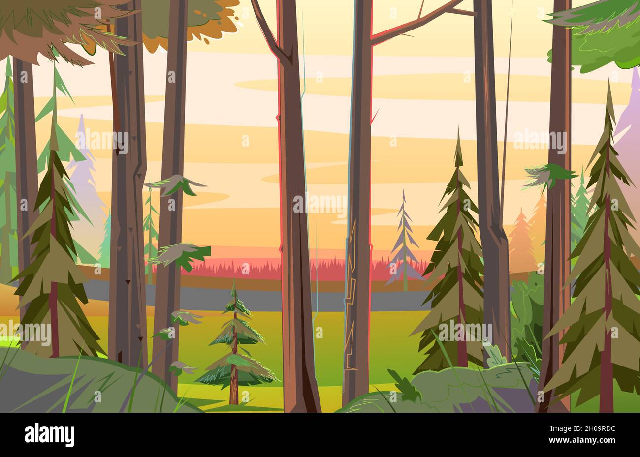 Forest in distance, red light. View from the forest. Landscape with ...