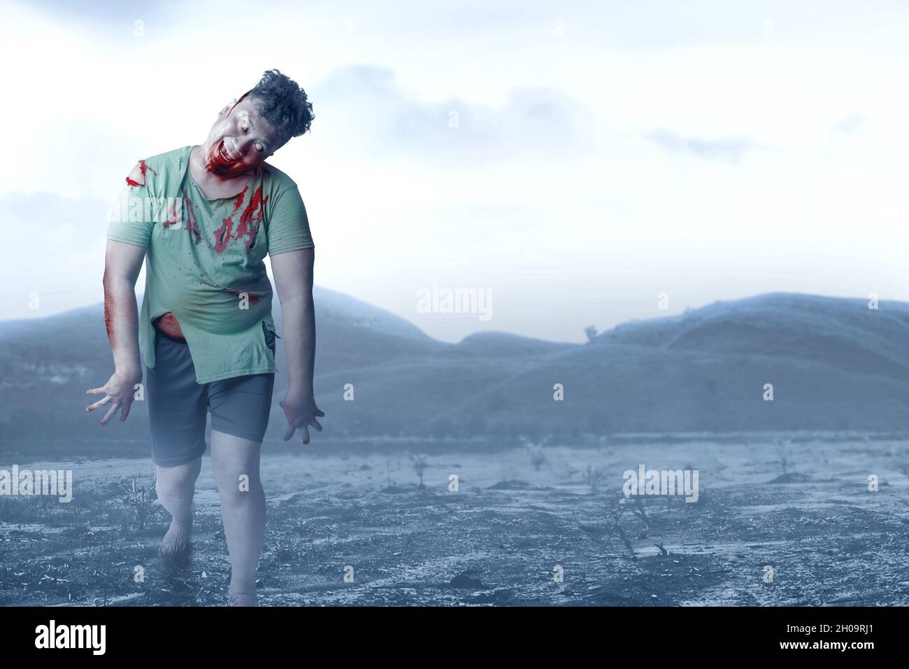 Scary zombie with blood and wound on his body walking on the field ...