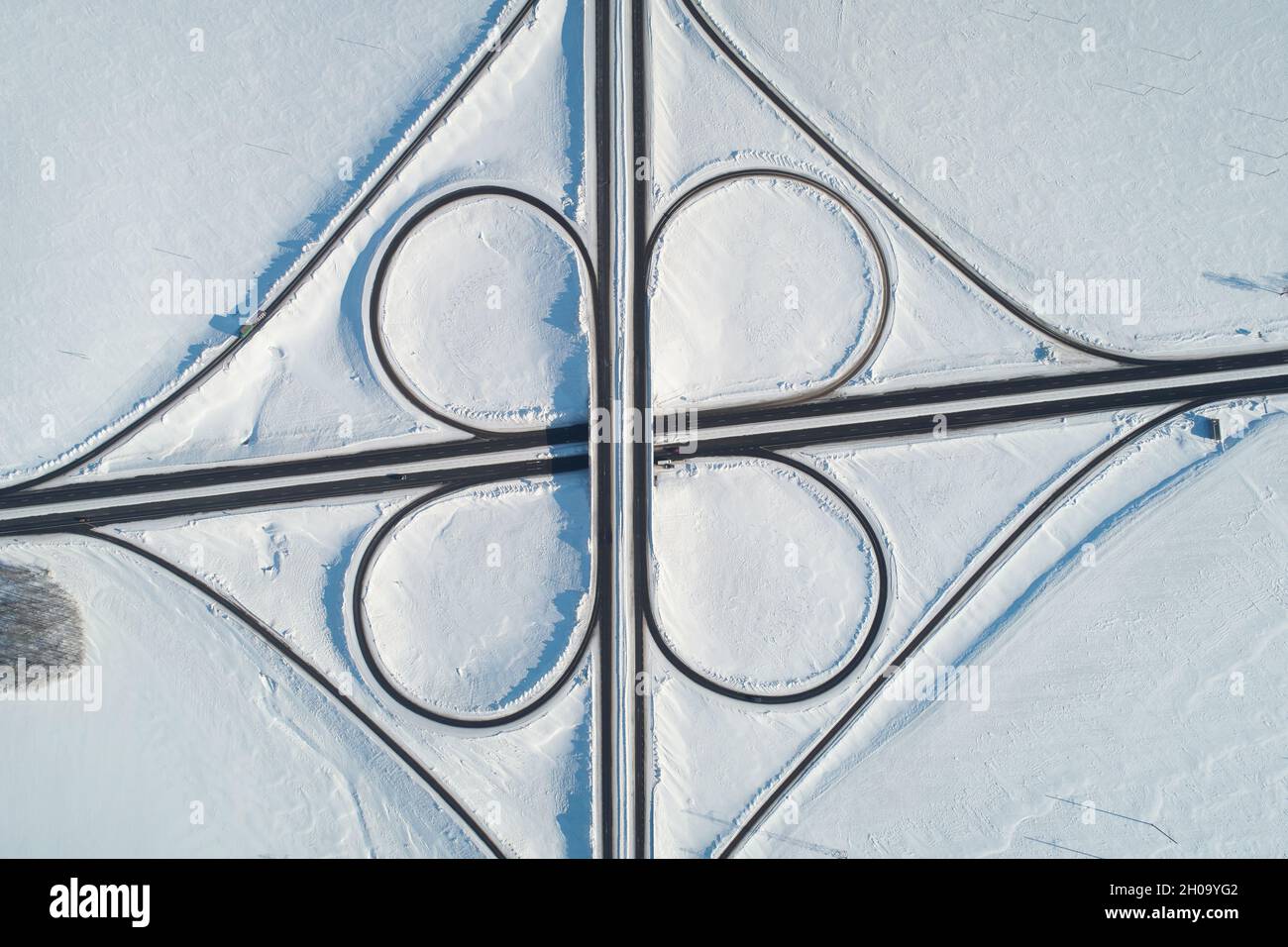 Winter empty clean road intersection aerial above drone top view Stock ...