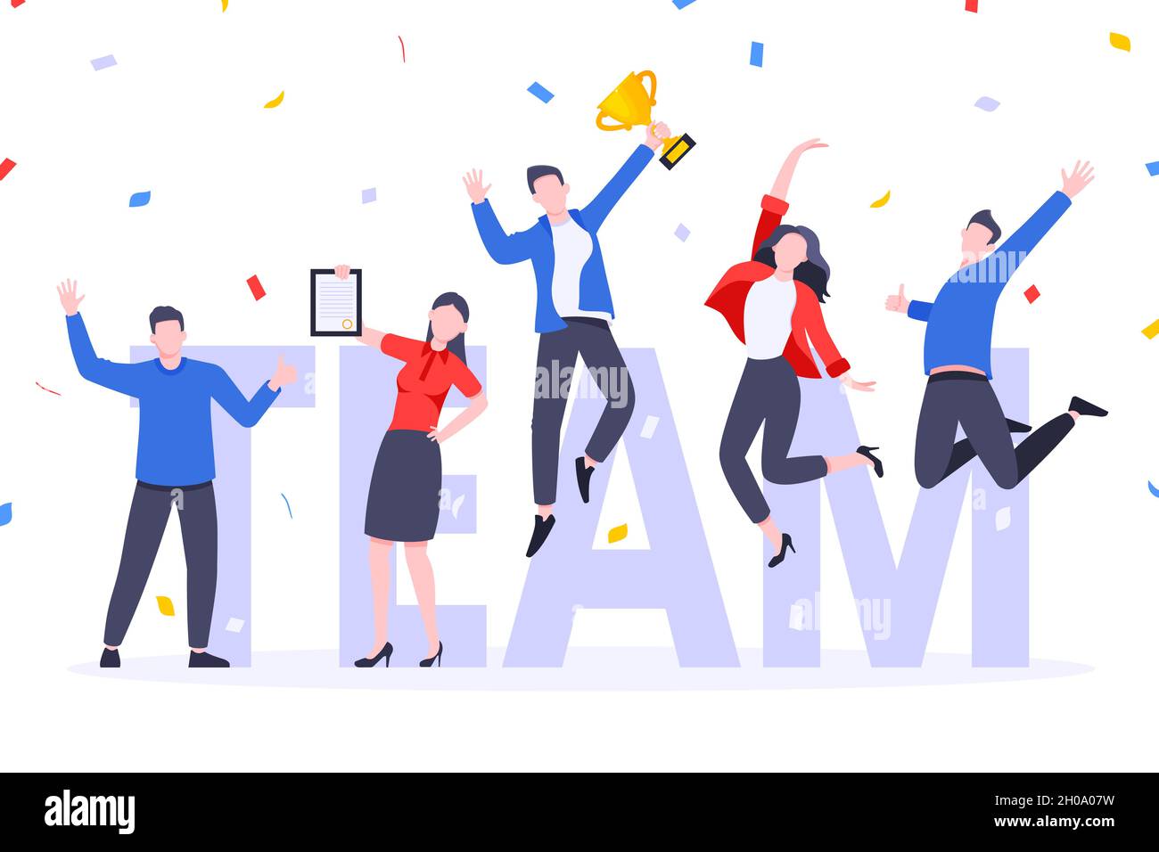 Happy business employee team winners award ceremony flat style design vector illustration ...