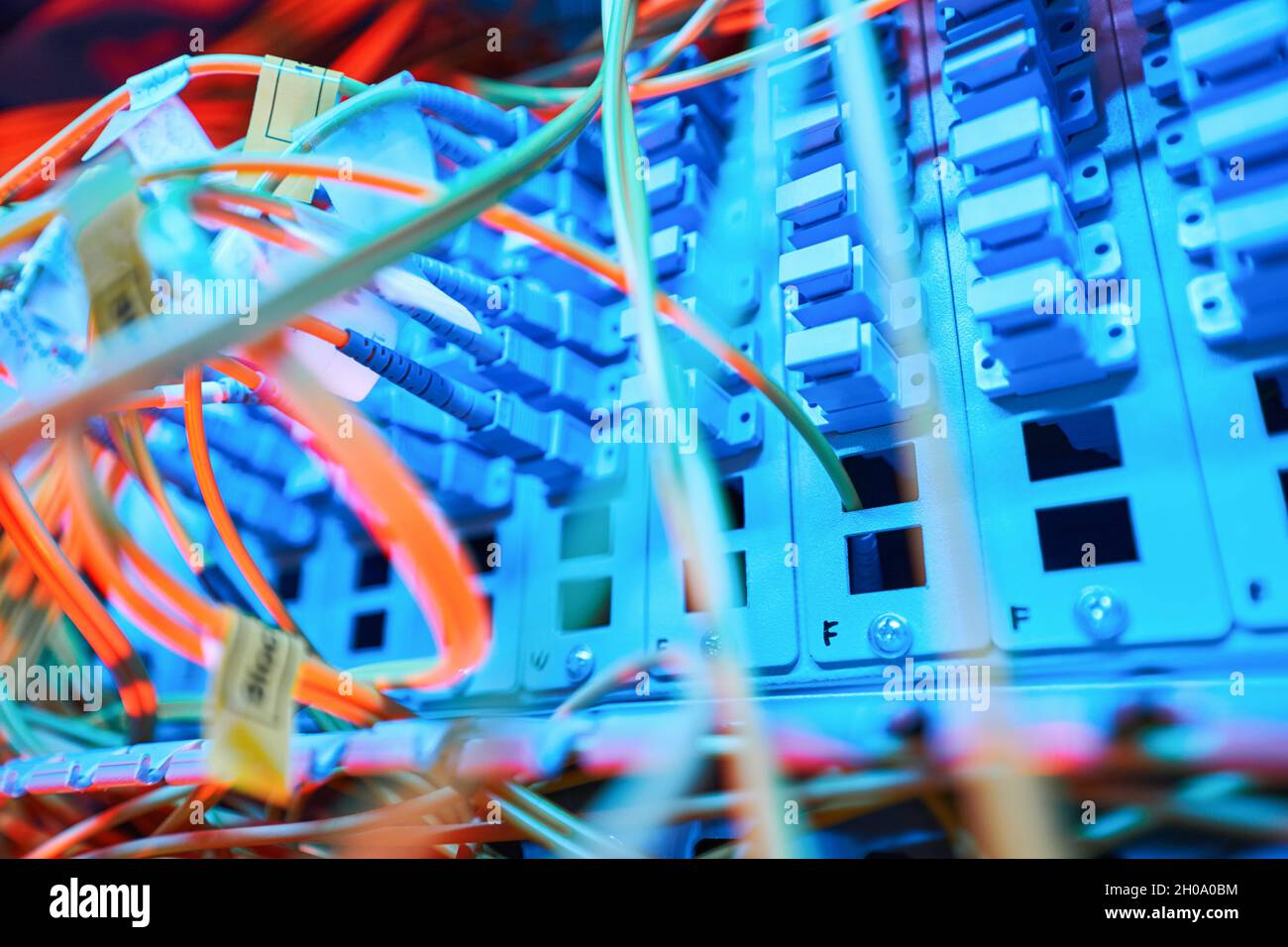 Illuminated patch panel inside server cabinet with connected cables ...