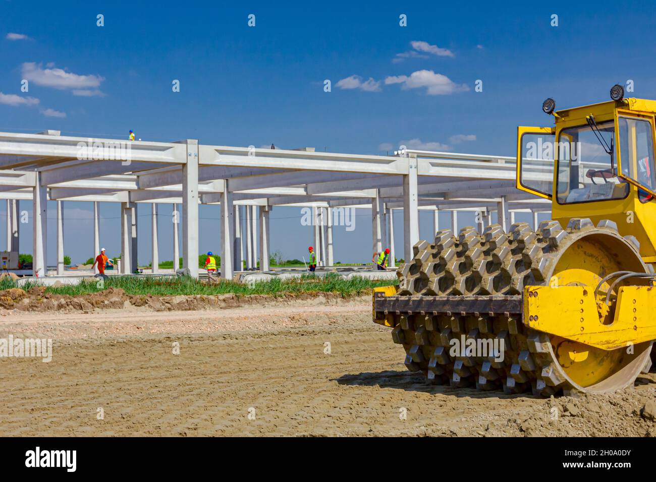 Huge road roller with spikes is compacting soil, sand at building site ...