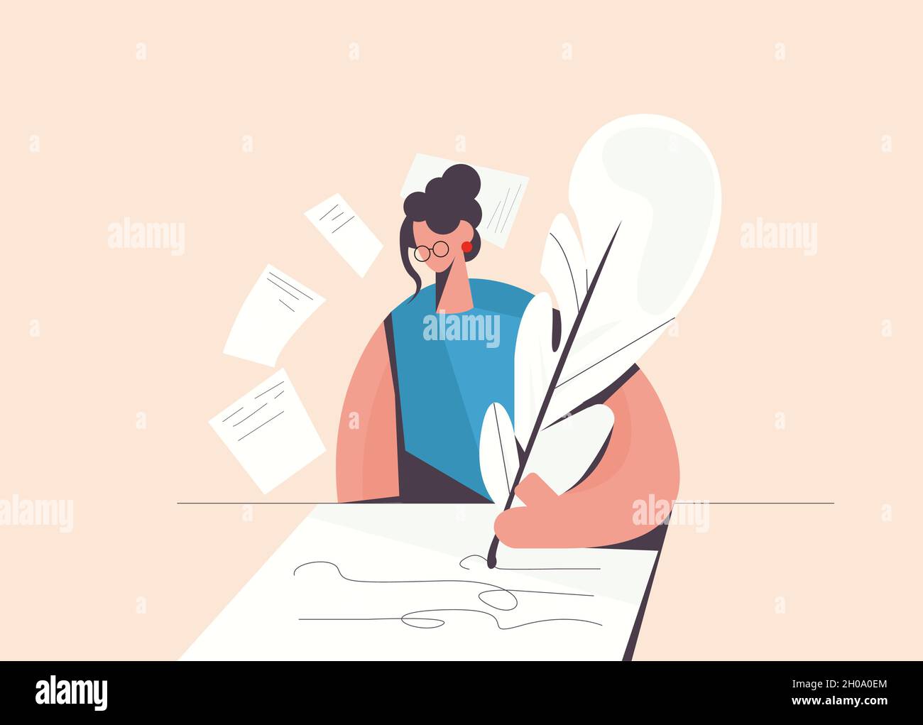 Young woman writer in glasses hold feather write create novel or poetry ...