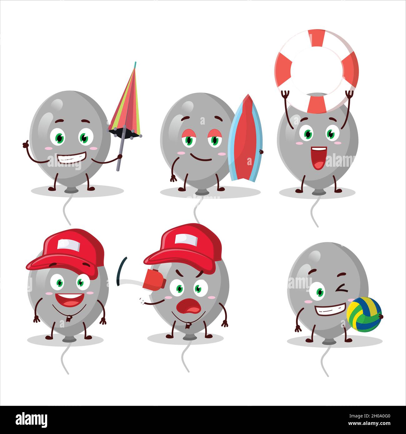Happy Face grey balloons cartoon character playing on a beach. Vector ...