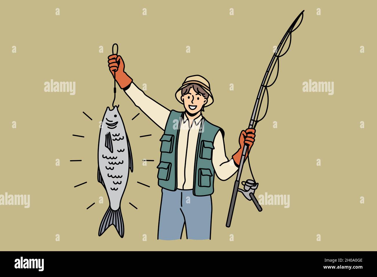 Great catch during fishing concept. Young smiling man cartoon character ...