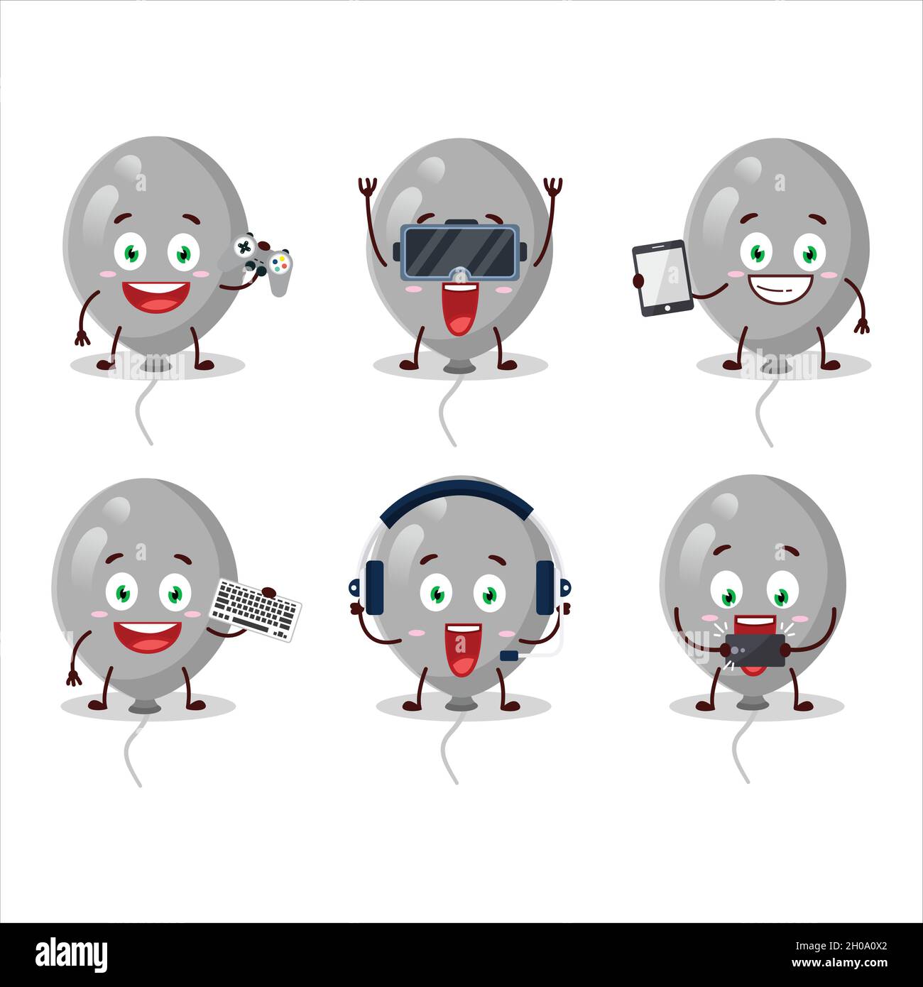 Grey balloons cartoon character are playing games with various cute ...