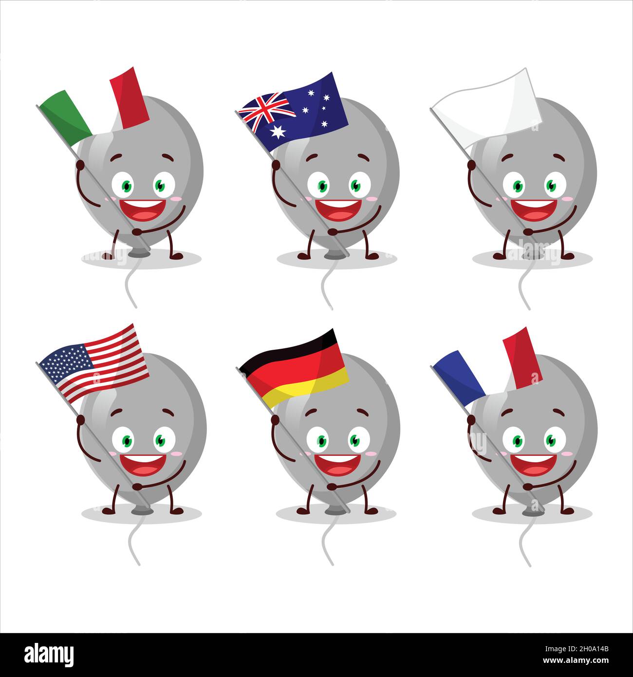 Grey balloons cartoon character bring the flags of various countries ...