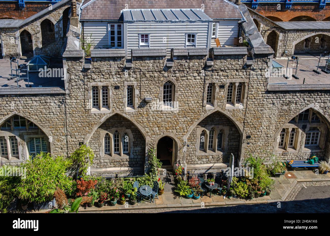 Elevated view, of the Casemates cottages at the Tower of London, home ...