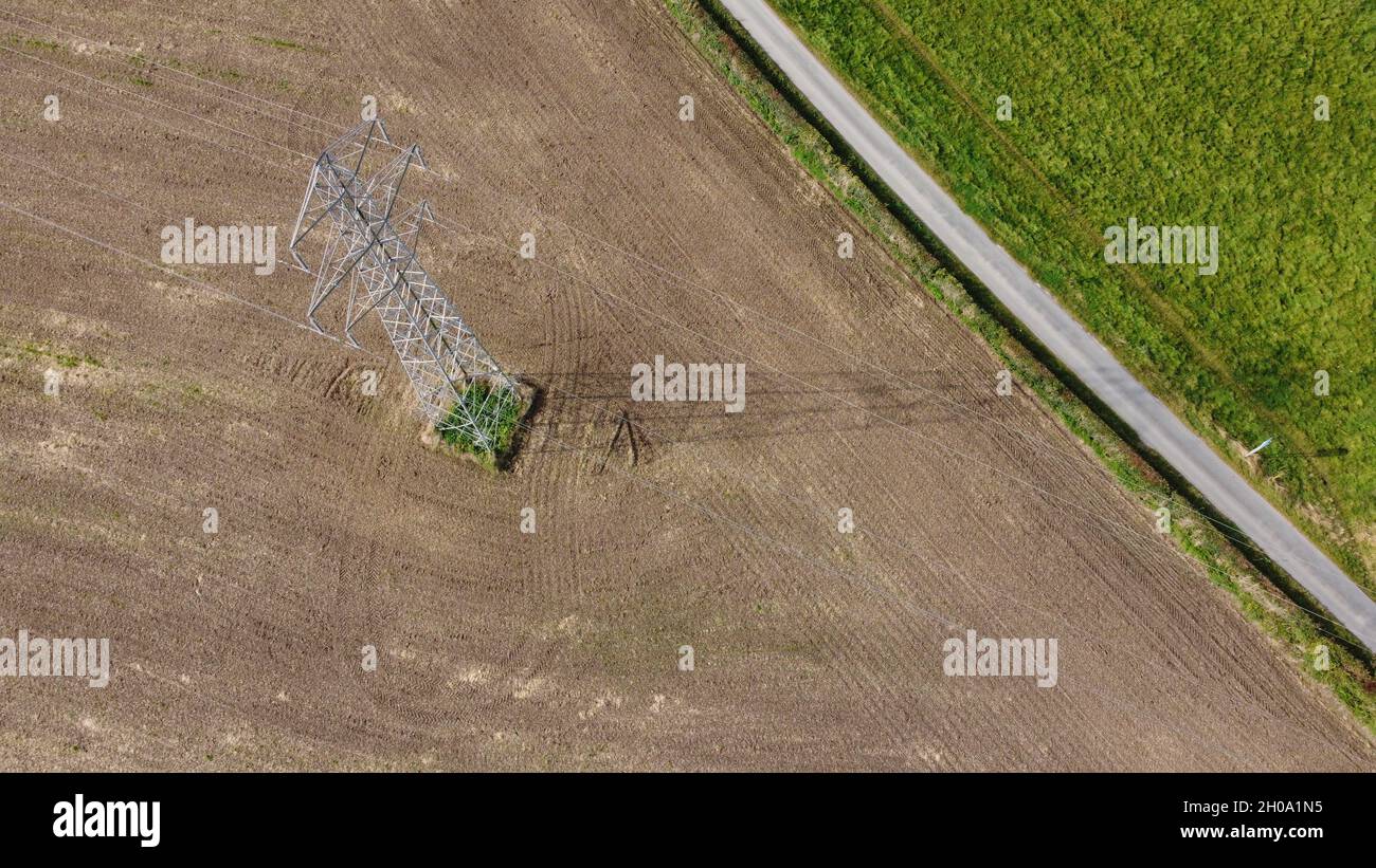Aerial View of Electricity Pylon and Power Line Cables, Rural East ...
