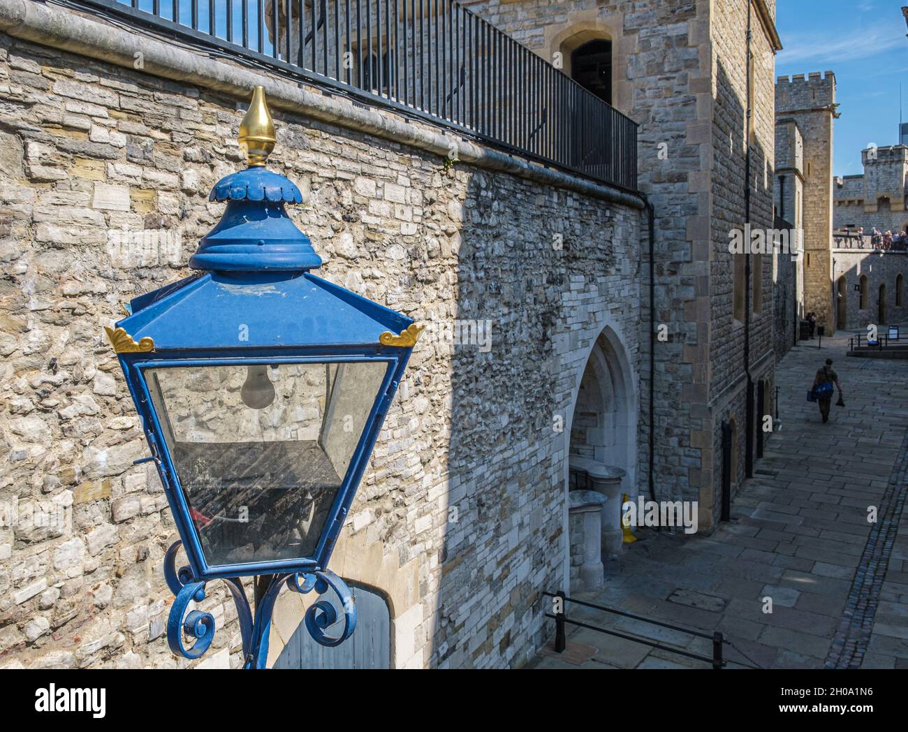Elevated view of a street lamp in the Tower of London Complex, London ...