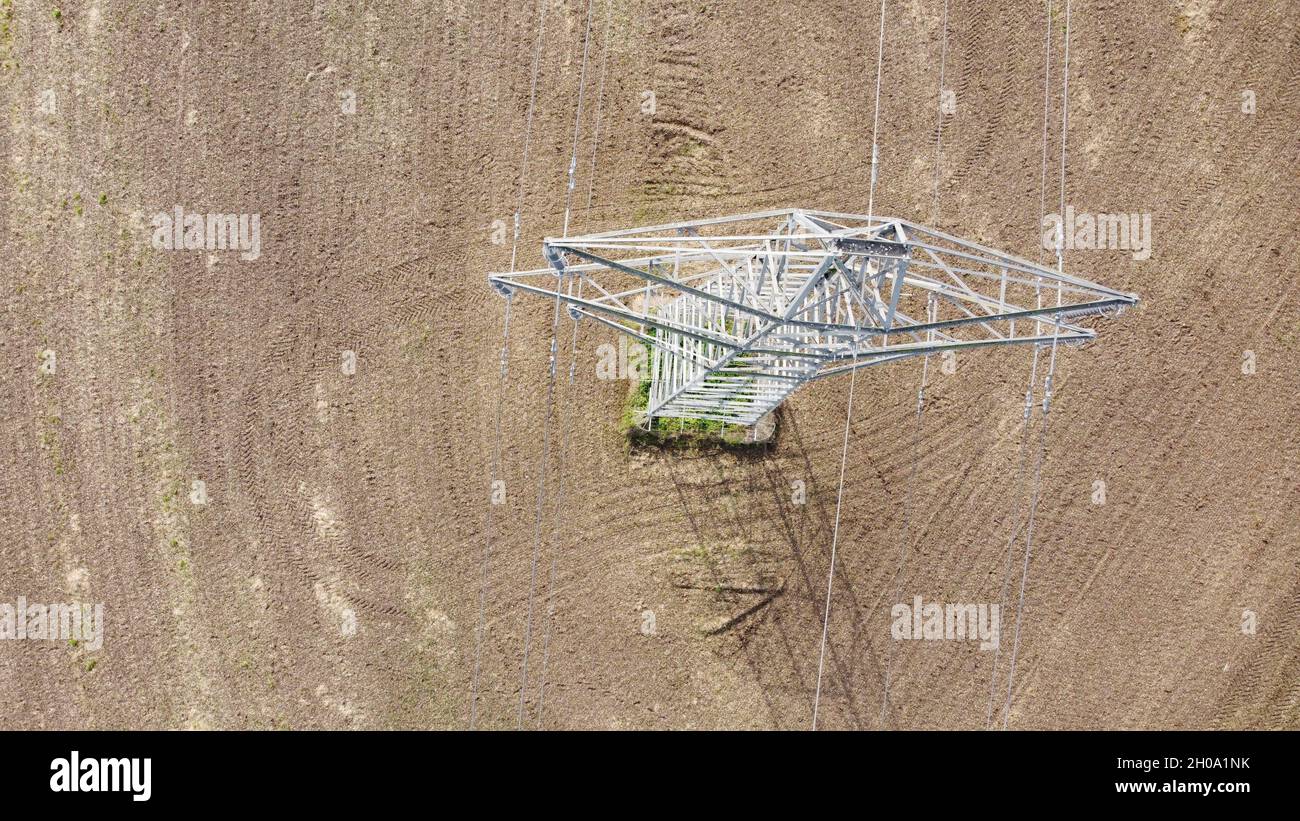 Aerial View of Electricity Pylon and Power Line Cables, Rural East ...