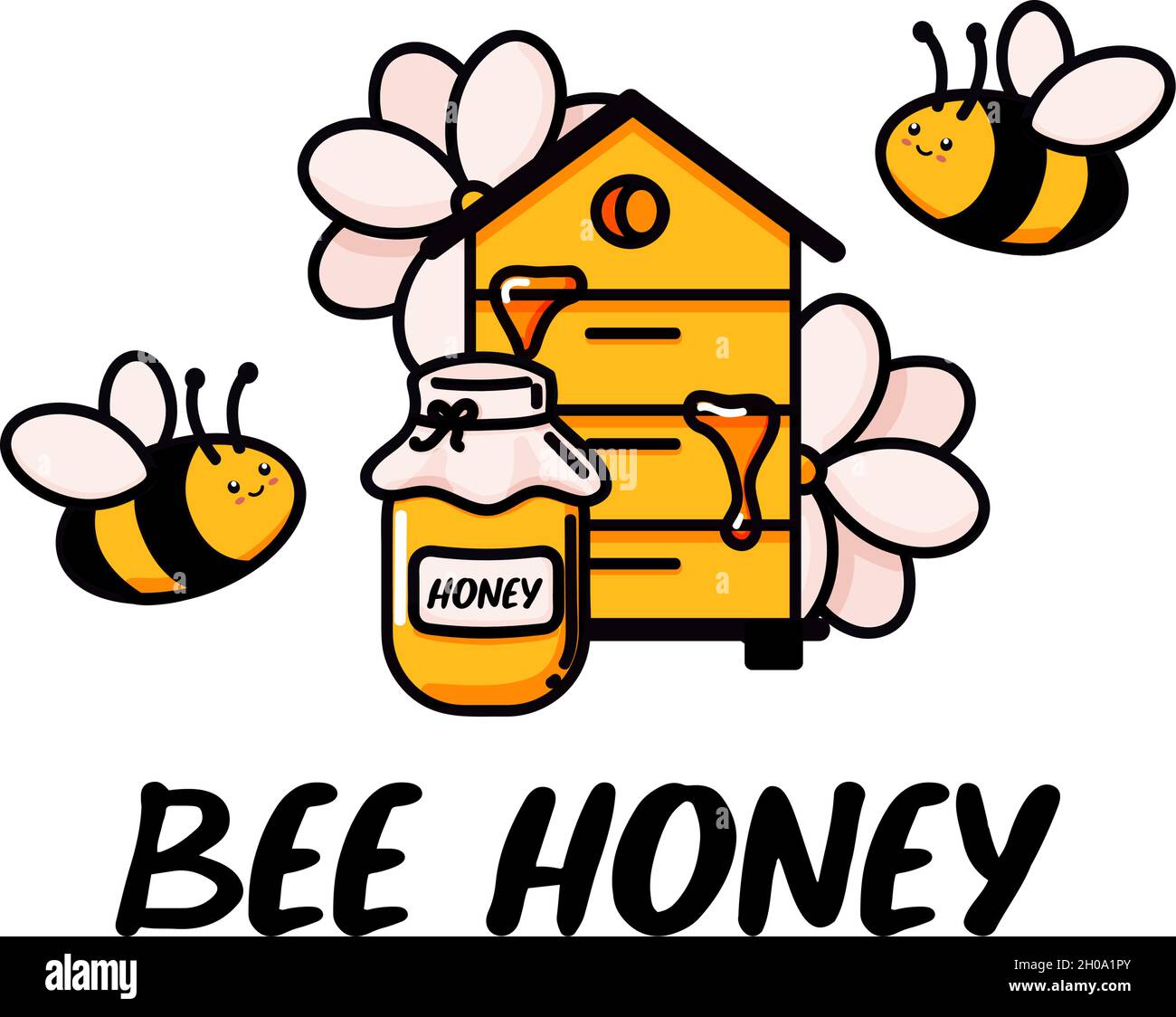 Cute bee, tasty healthy honey, hive postcard. Hand drawn colored trendy ...