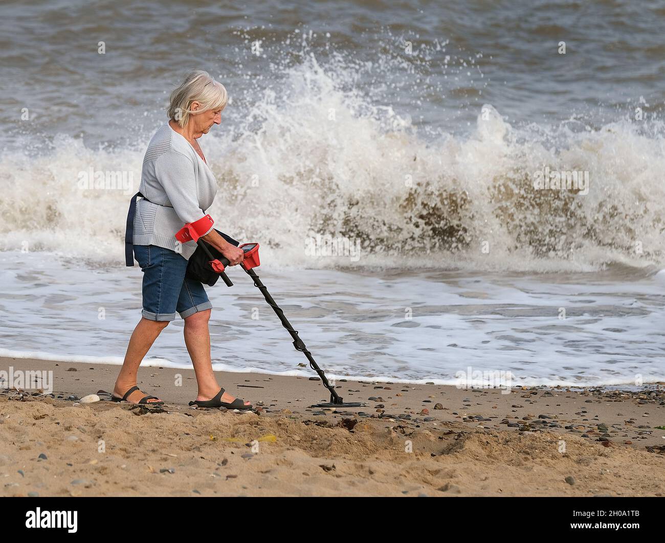 Metal detecting on the beach at a Uk east coast resort Stock Photo - Alamy
