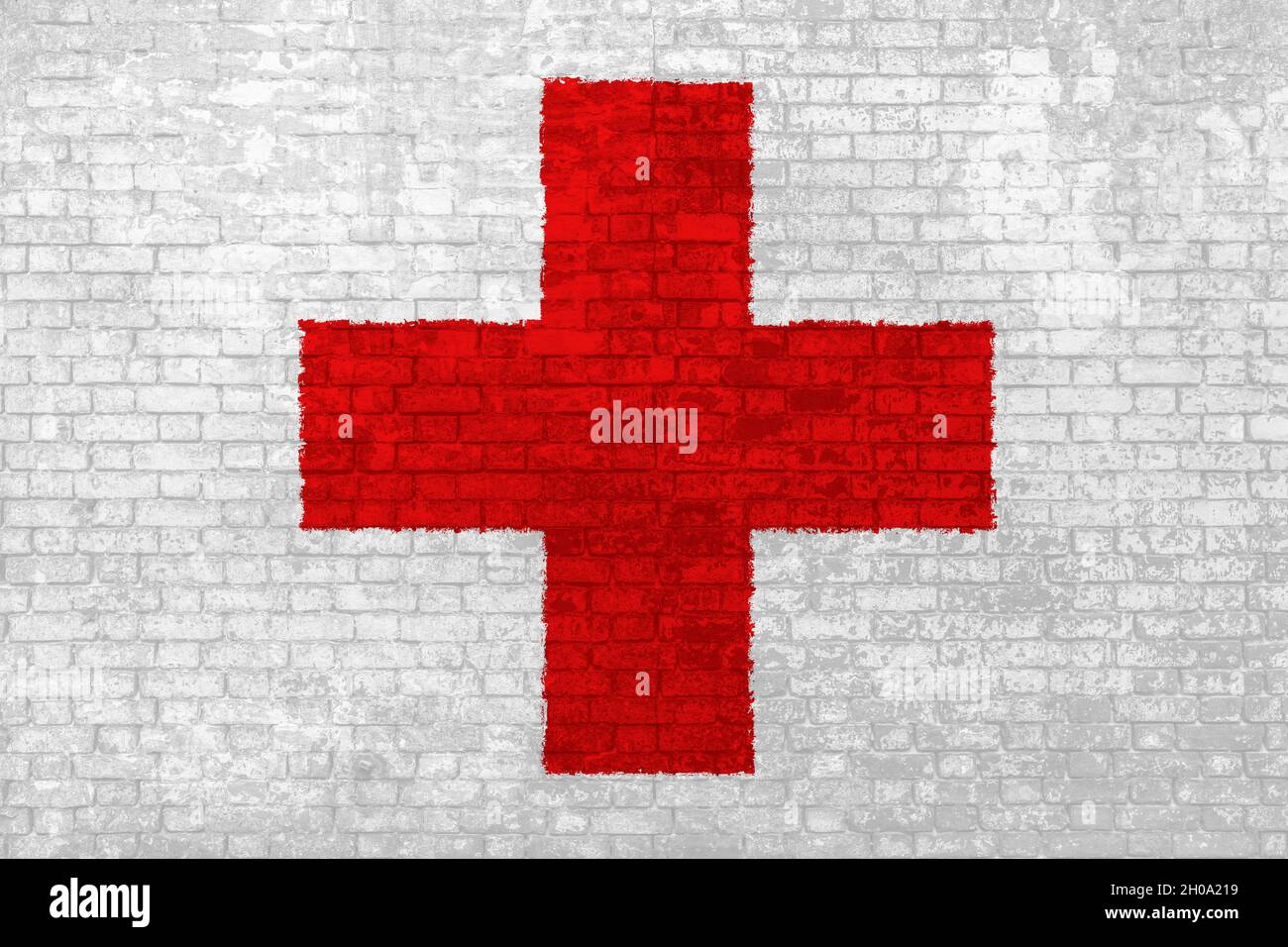Wall of bricks painted with the Red Cross in 3D background. Concept of ...