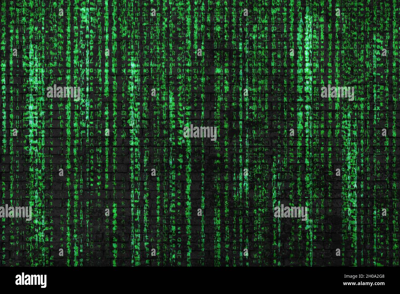 wall of bricks painted with the green matrix 3D background, computer ...