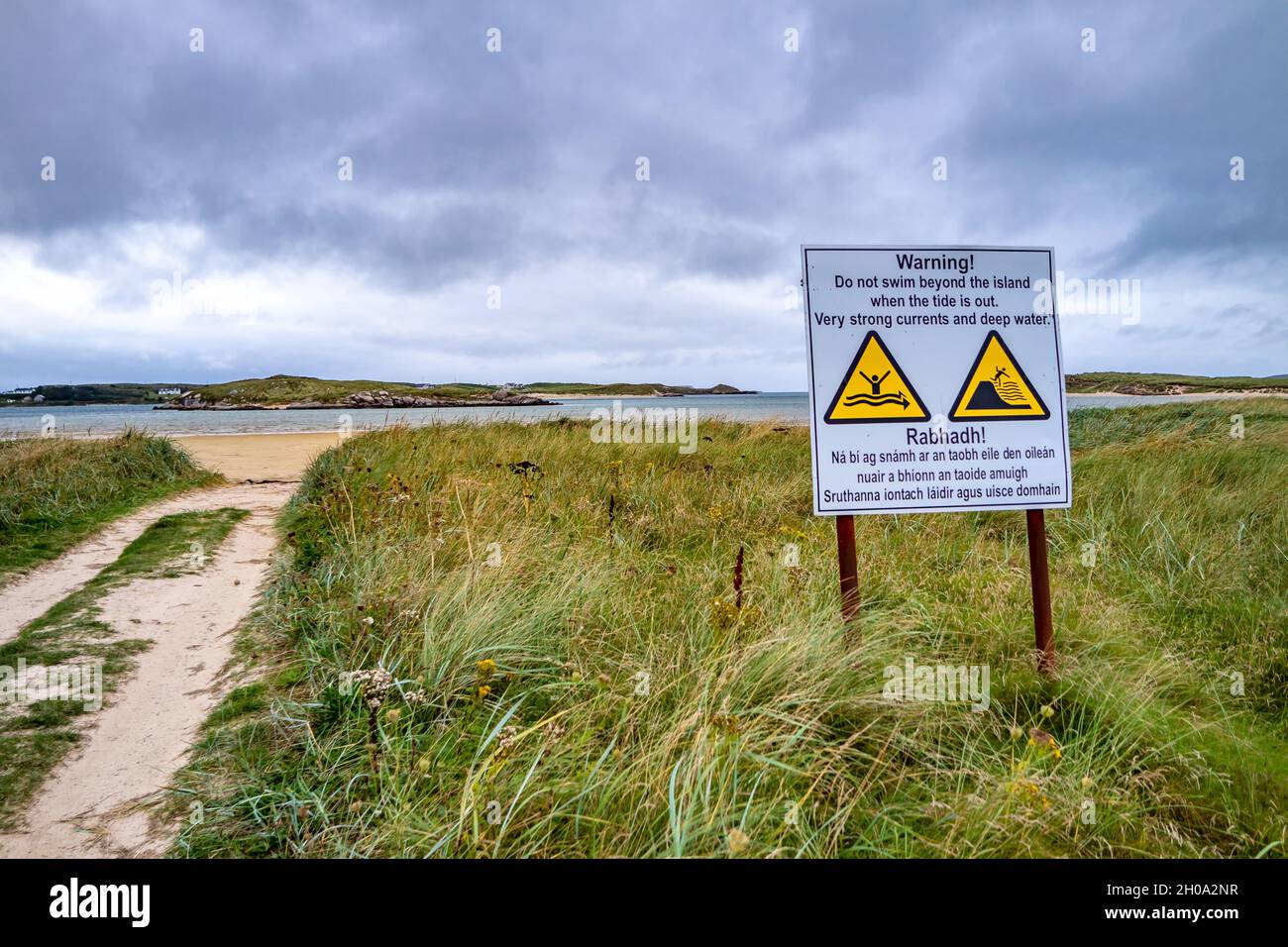 BUNDBEG, IRELAND - SEPTEMBER 16, 2021: Sign warning not to swim behind ...