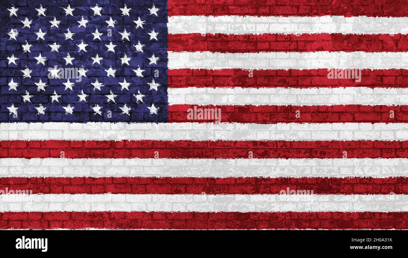 Old wall of bricks painted with the national flag of the United States ...