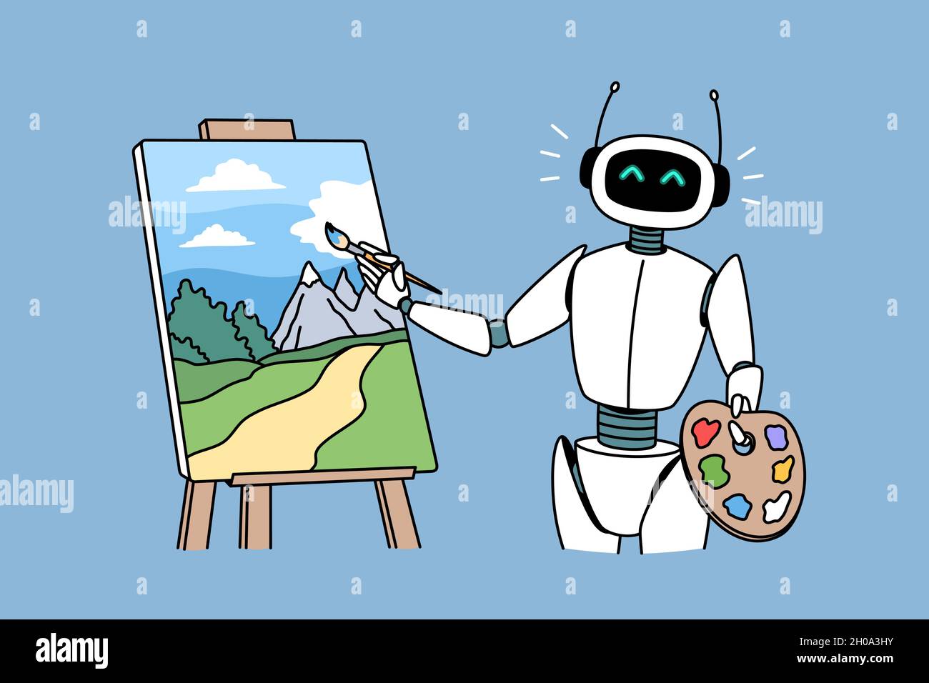 Robotic technologies in hobbies concept. Positive robot standing and ...
