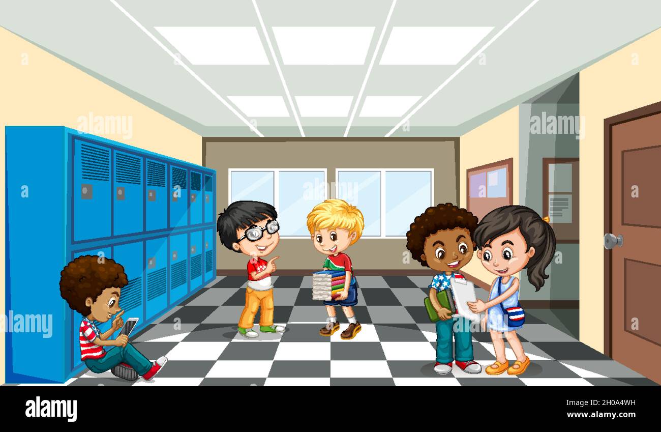 School scene with students cartoon character illustration Stock Vector ...