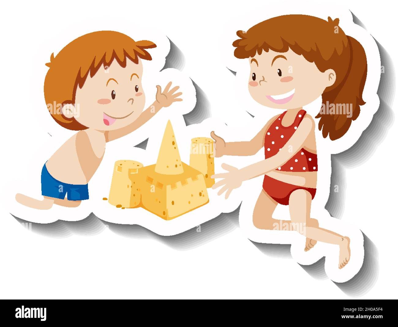 Two kids building sand castle cartoon character sticker illustration ...