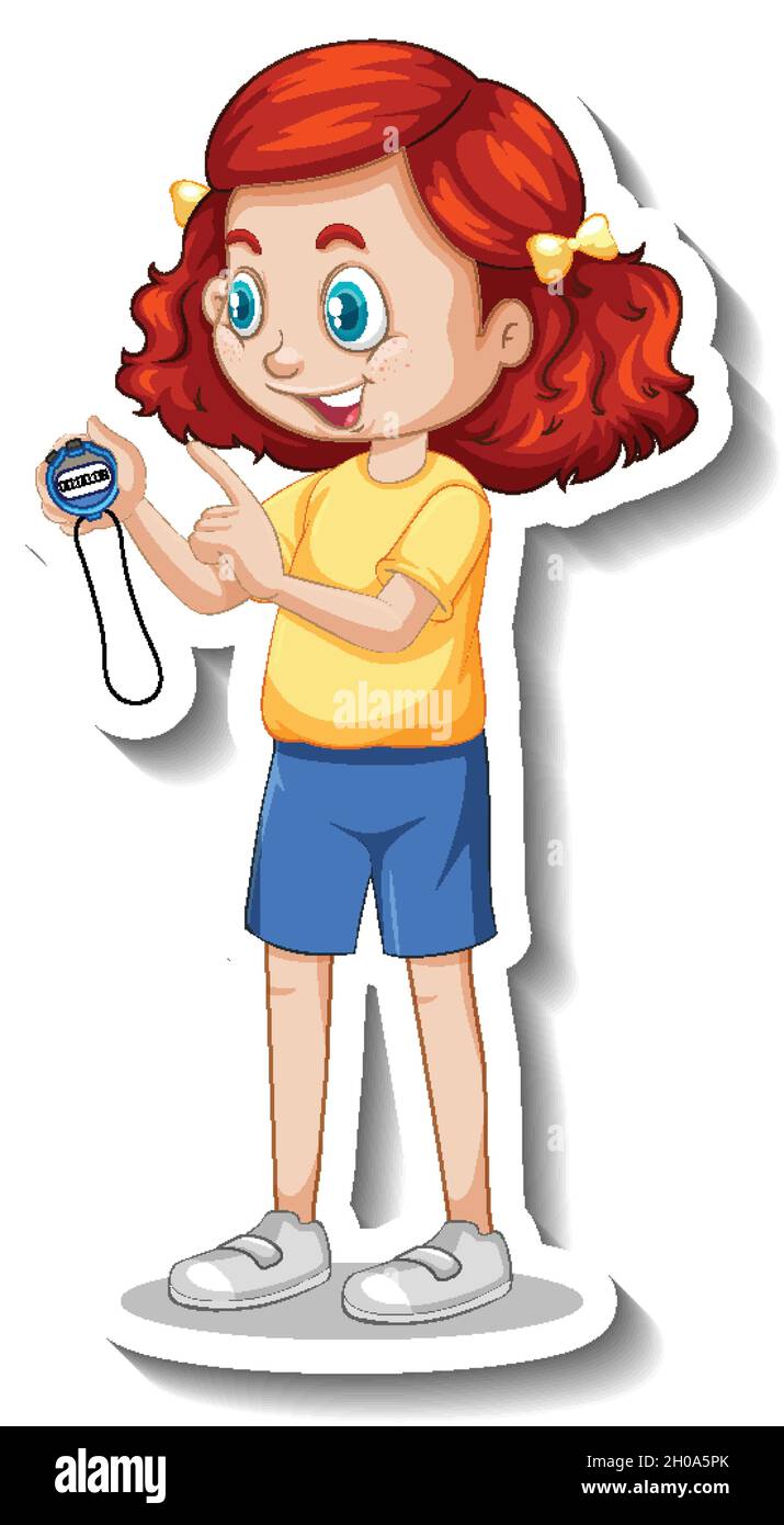 Cartoon character sticker with sport coach girl holding a timer ...