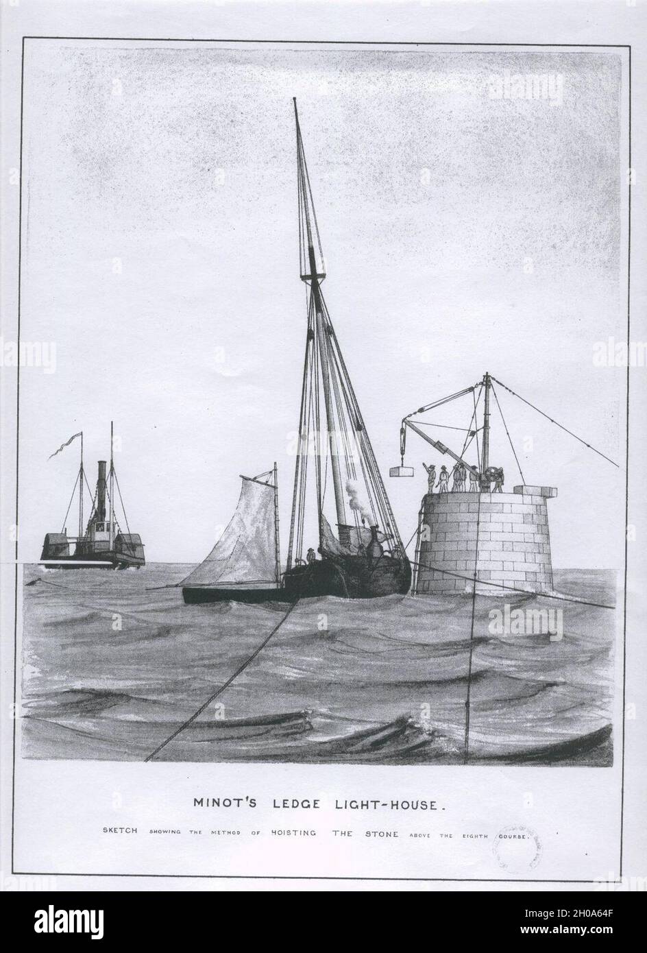Engraving of early construction showing the steam-powered lighthouse ...