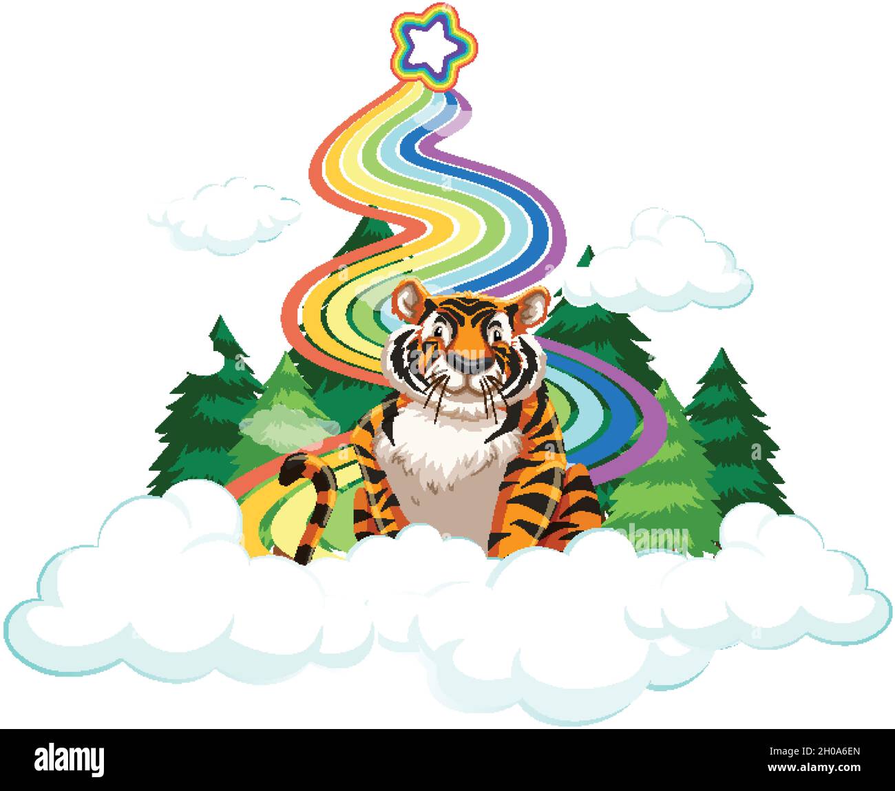 A tiger sitting on the cloud with rainbow on white background ...