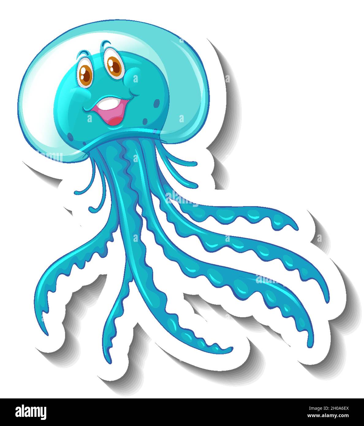 A sticker template with cute jellyfish cartoon character illustration ...