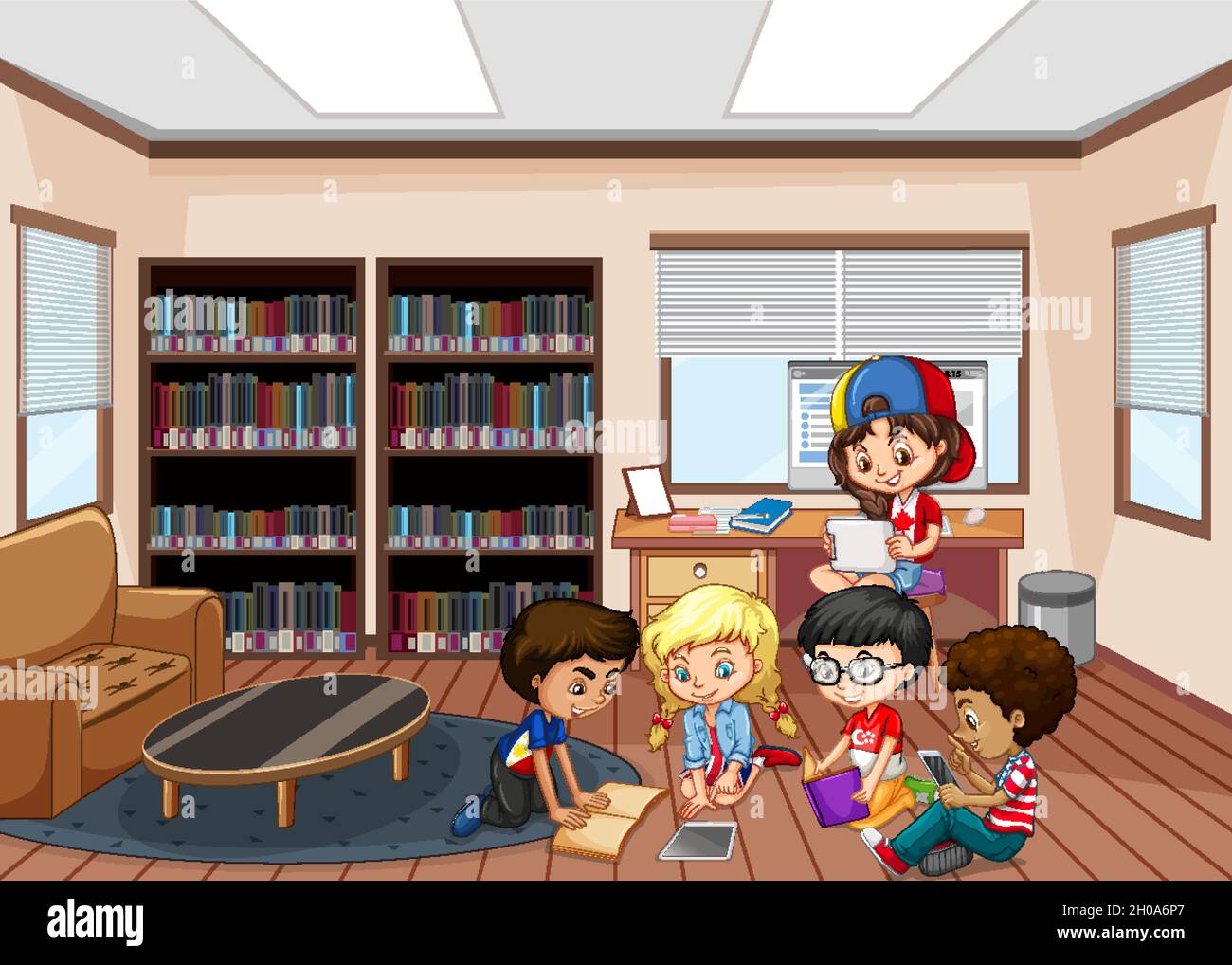 Children reading books in library illustration Stock Vector Image & Art ...