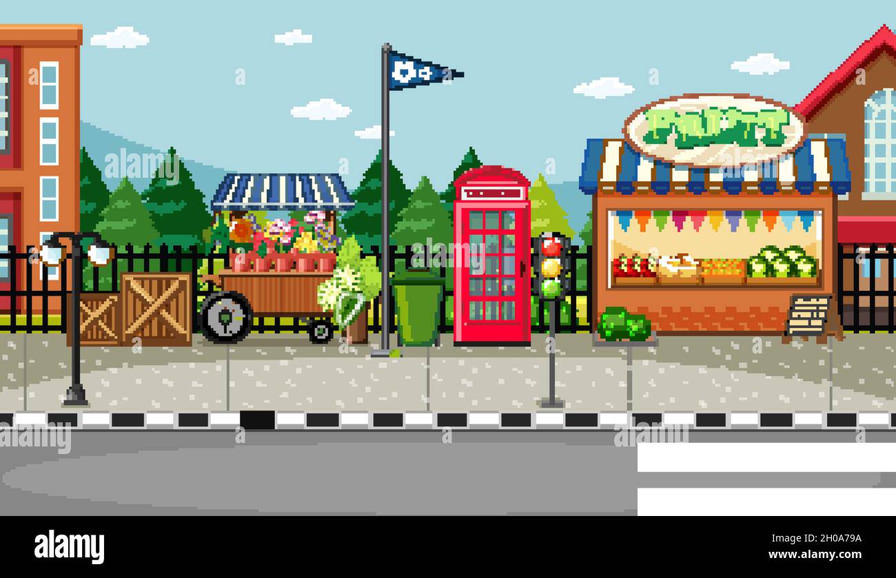 Street side scene with flower cart and fruit shop scene illustration ...