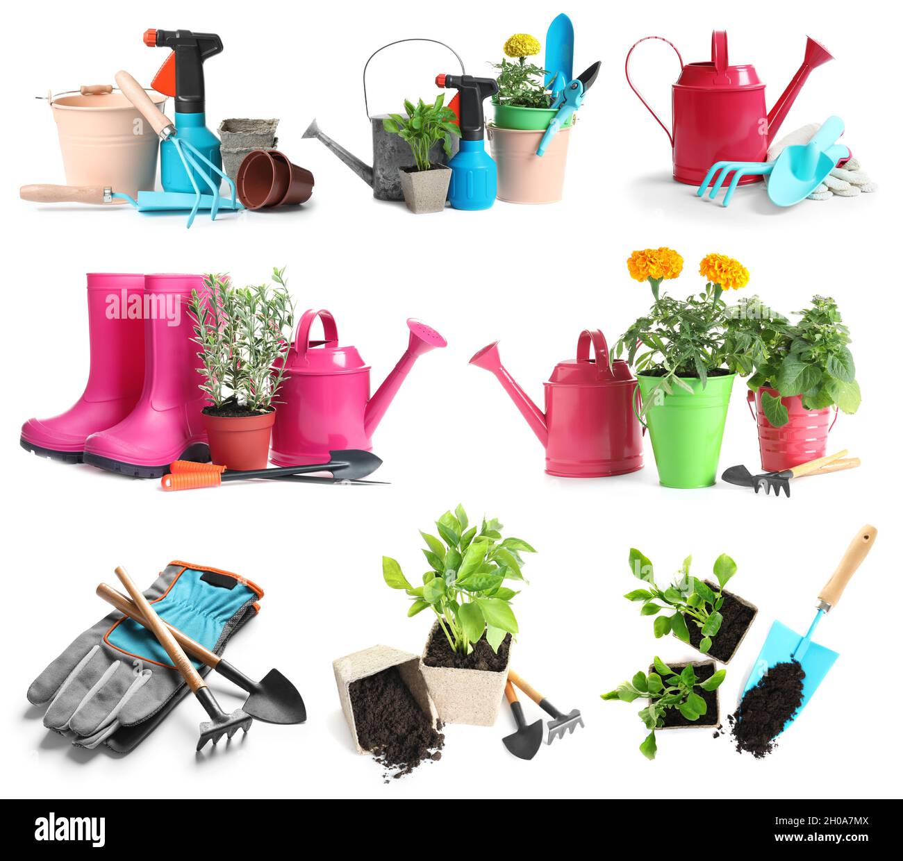 Set with modern gardening tools on white background Stock Photo - Alamy