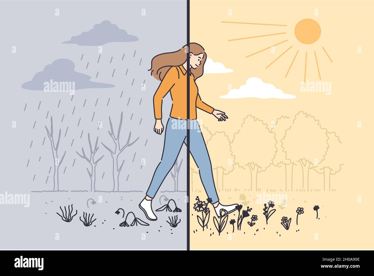 Variety of nature weather concept. Young woman cartoon character making ...