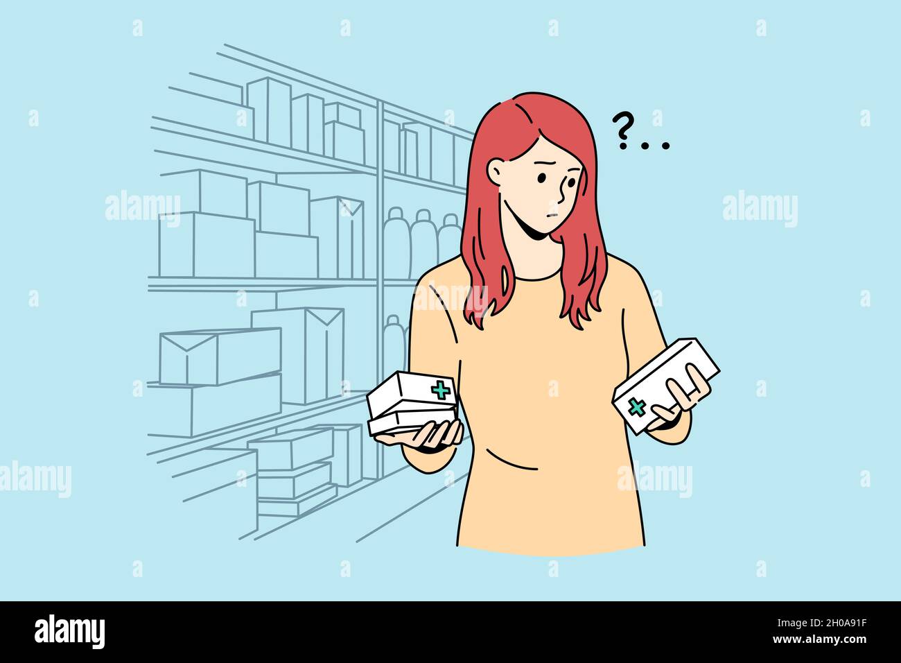 Difficult choice in pharmacy concept. Young frustrated woman cartoon ...