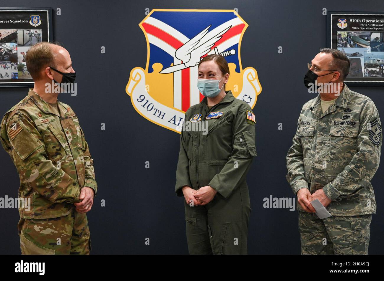 Senior Airman Mae Murch, assigned to the 757th Airlift Squadron, talks ...
