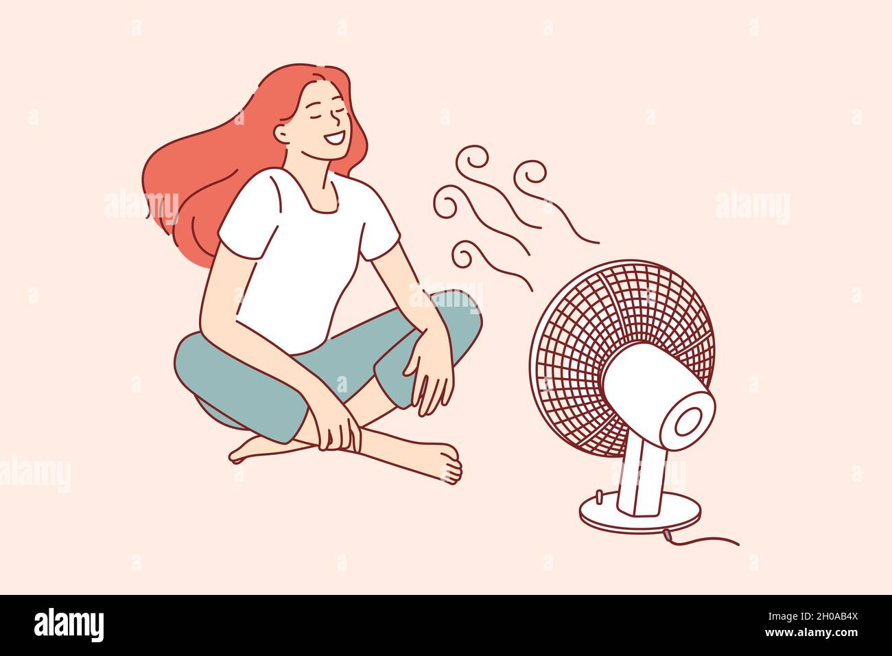 Enjoying cool wind waves concept. Young smiling woman cartoon character ...