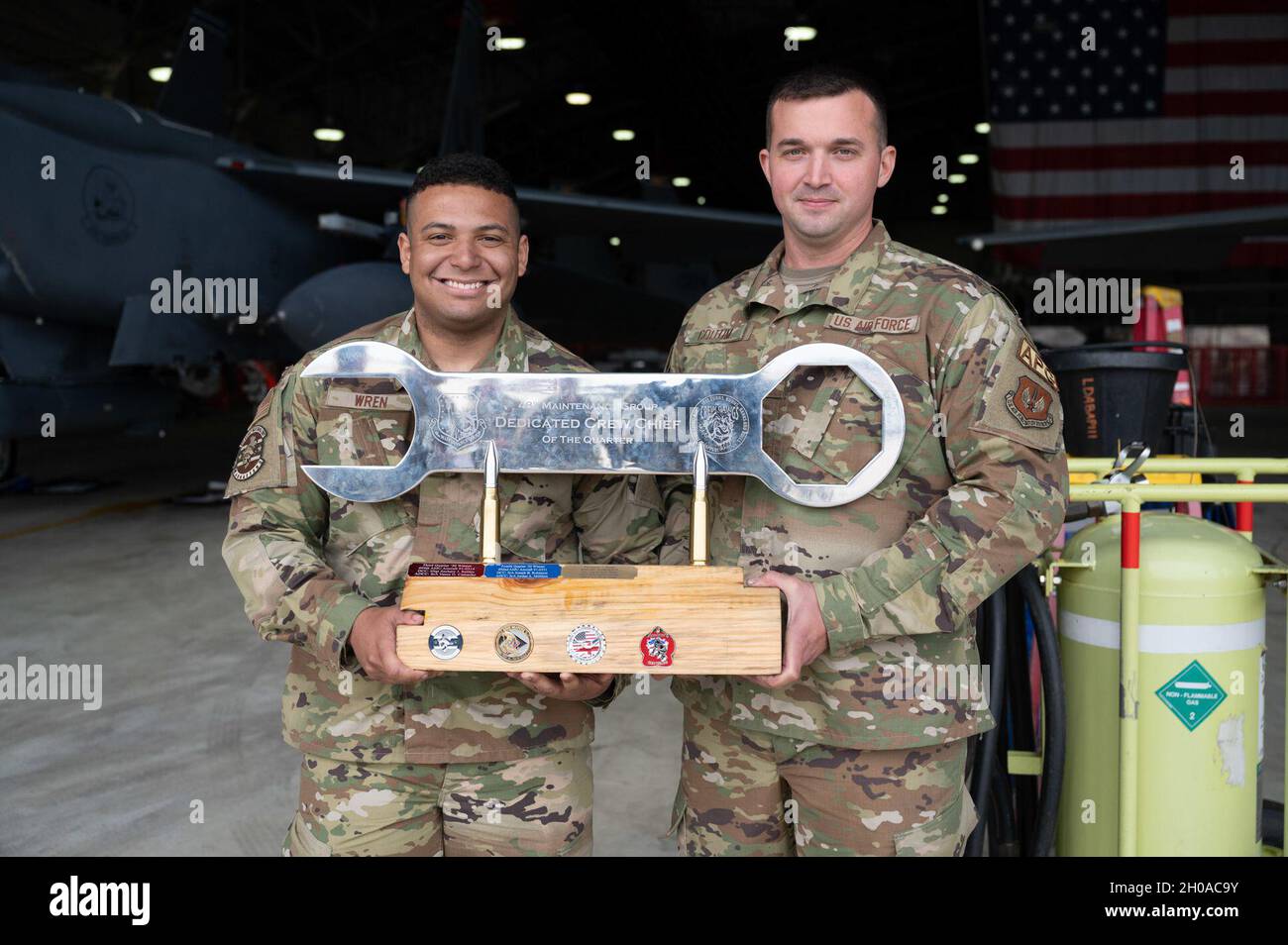 U.S. Air Force Senior Airman Dominic Wren, left, 492nd Aircraft ...