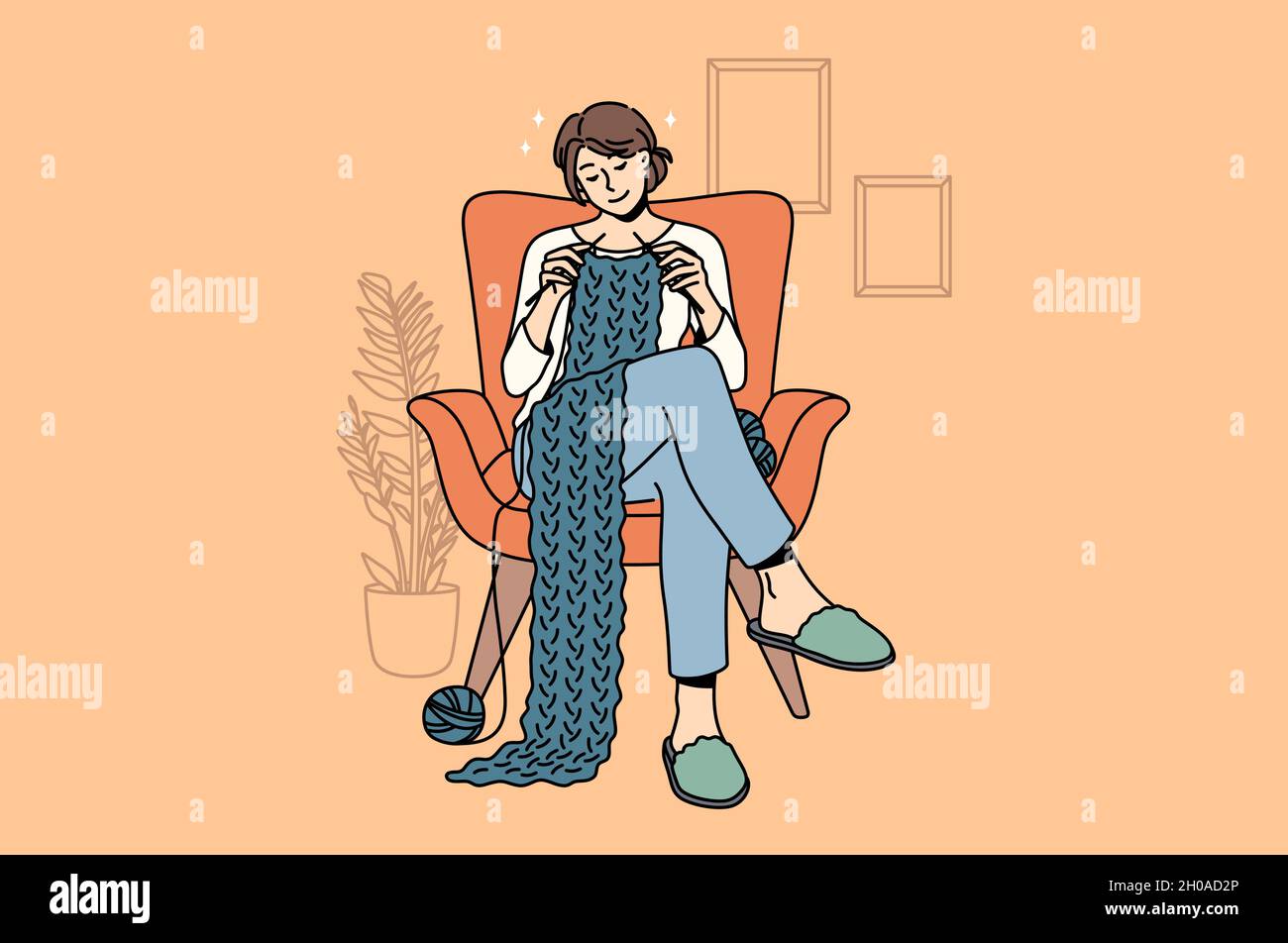 Knitting and Home hobbies concept. Young smiling woman cartoon ...