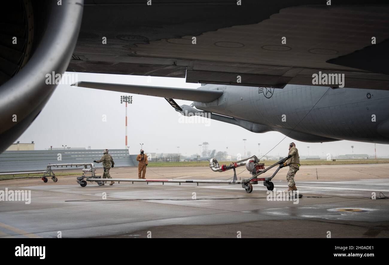 Members of the 100th Maintenance Group finish refueling a U.S. Air ...